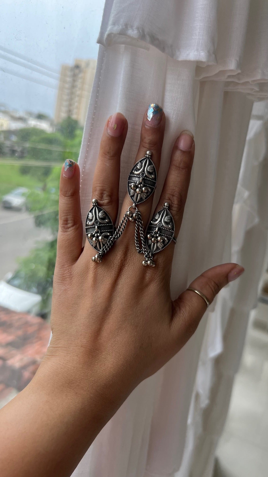 German silver oxidized finger rings 3 ring attachable set SXVSTYLE